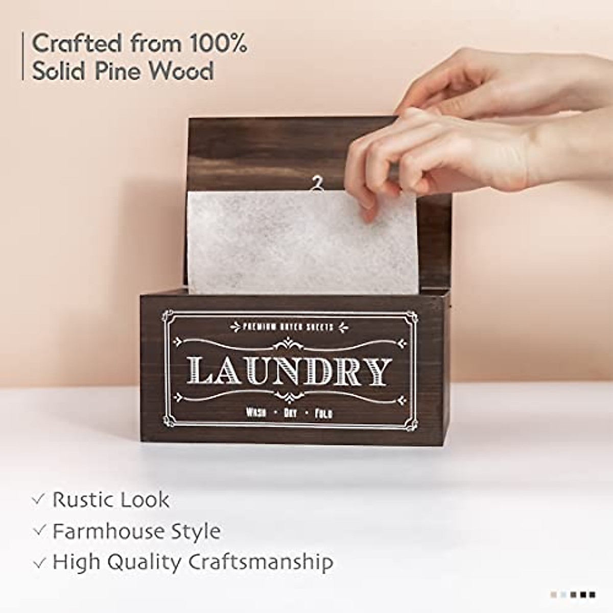 LifeLAZA Dryer Sheet Dispenser with Hinged Lid, Wooden Dryer Sheet Holder for Fabric Softener Sheets, Farmhouse Rustic Container Storage Box for Laundry Room Decor (Dark Brown)