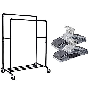 SONGMICS Industrial Pipe Clothes Rack Bundle with 50 Clothes Hangers, Rolling Garment Rack with Bottom Storage Shelf, Space-Saving Plastic Hangers with Tie Bars UHSR60B and UCRP20G50