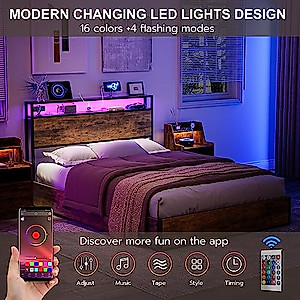 IKIFLY Queen Size Storage Headboard with LED Lights & Charging Station - Industrial Metal and Wood Queen Headboard Only for Bedroom, Attach Frame, Easy Assembly - Rustic Brown