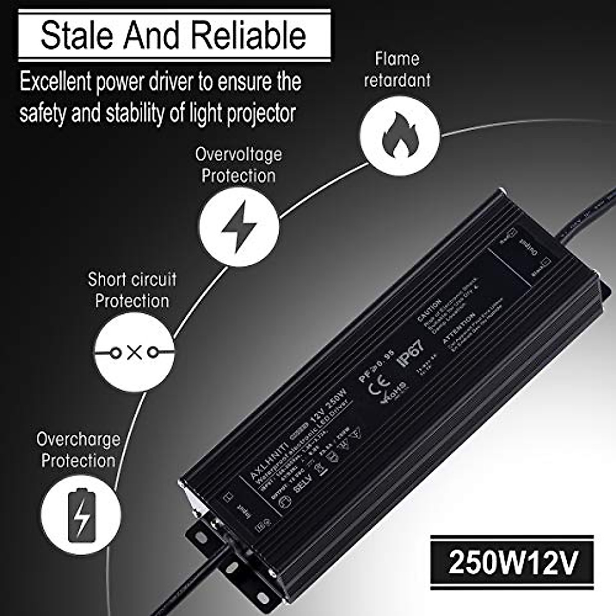 LED Driver 250W 12V, Waterproof IP67 LED Transformer,LED Power Supply 110V AC to 12V DC Low Voltage Output with 3-Prong Plug 3.3 Feet Cable for LED Light, Computer Project, Outdoor Light