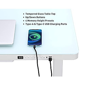 FARRAY Electric Glass Standing Desk with Drawer, 45 x 24 Inch Adjustable Height Desk with Power Strip & USB Ports, White Stand Up Desk, Sit Stand Desk Glass Top