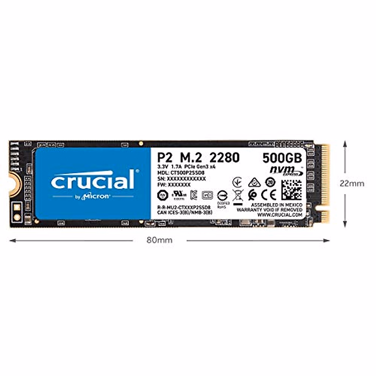 Crucial P2 500GB 3D NAND NVMe PCIe M.2 SSD Up to 2400MB/s - CT500P2SSD8