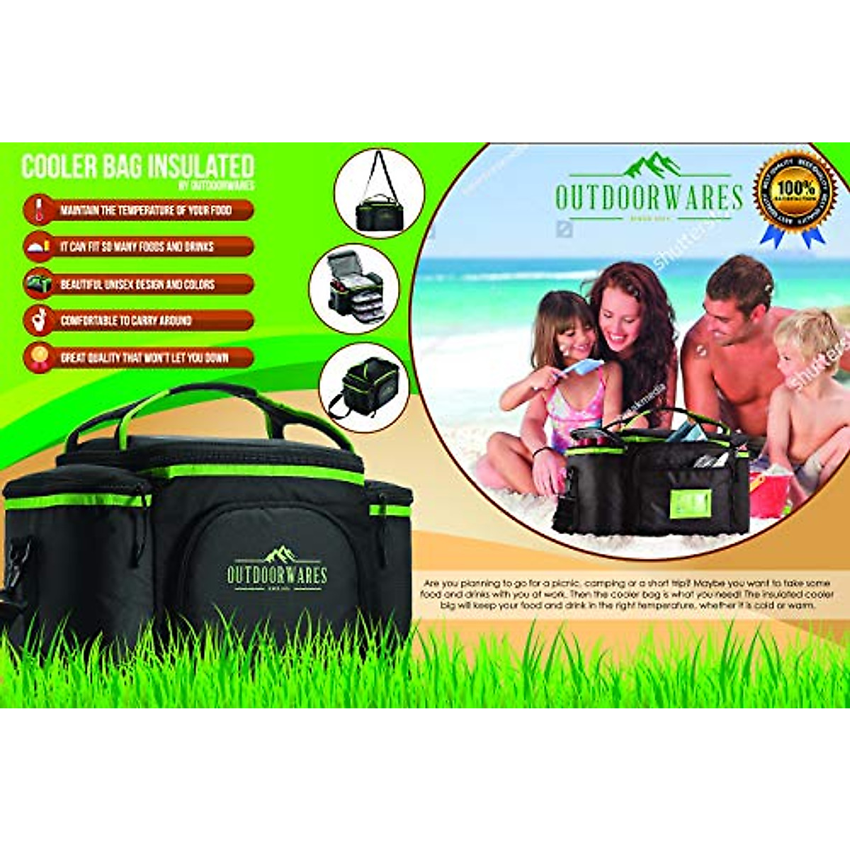 Cooler Lunch Bag Box Insulated by Outdoorwares Large Capacity Durable, to Keep Foods and Drinks in The Right Temperature - Good for Travel, Picnic, Beach Hiking, Camping ETC.(Containers Not Included)