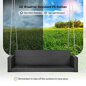 VINGLI Heavy Duty 800 LBS Wicker Hanging Porch Swing with Cushions & Chains, 5FT Outdoor Rattan Swing Bench for Garden, Yard, Lawn (Black)