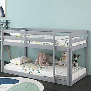 KOMFOTT Low Bunk Bed Twin Over Twin, Solid Wood Bunk Bed Frame with Built-in Ladder & Safety Guardrails, Space-Saving Low Bunk Bed for Kids, Teens, No Box Spring Needed