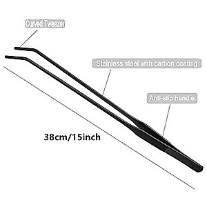 EvaGO 15 inch Black Curved Aquarium Tweezers Stainless Steel Curved Tweezer with Carbonation Protection Coating Against Rust Long Reptiles Feeding Tongs for Aquatic Plants Lizards Spider Snakes