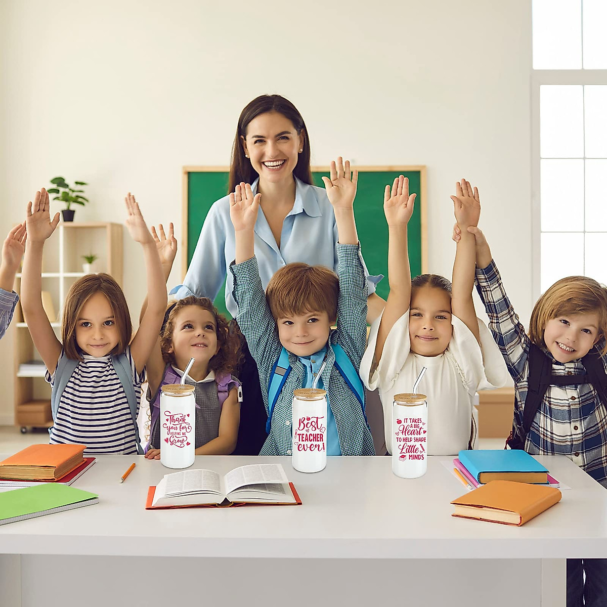 Tanlade 6 Pcs Teacher Appreciation Gifts Set Include Teacher Glass Cup with Lid and Glass Straw Teacher Tumbler Teacher Appreciate Socks Teacher Gifts Cool for Women Men Holiday Graduation Birthday