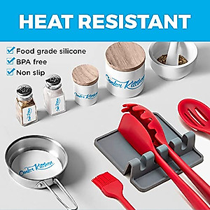 Grey Silicone Spoon holder for Stove Top with Drip Pad (Two Pack) - Heat Resistant, BPA Free Utensil Rest & Spoon Rest for Kitchen Counter - Grill Utensil Holder for Spatulas, Tongs, Ladles