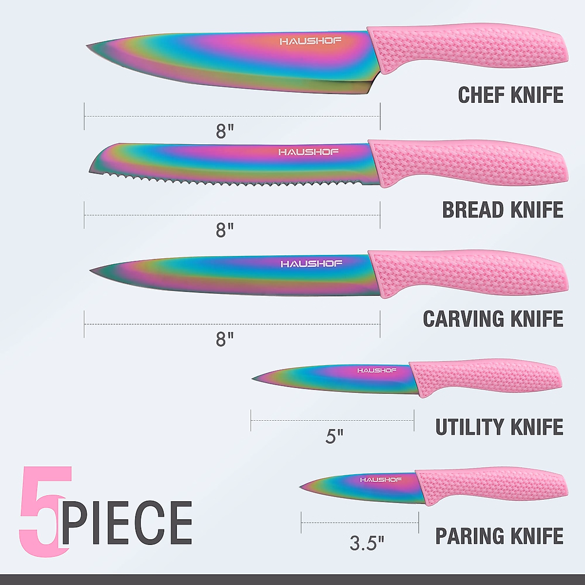 HAUSHOF Kitchen Knife Set and FLISSA Folding Pocket Knife, Titanium Coated Starter Knives Set for Kitchen with Ergonomic Handle, Tactical Knife with Liner Lock