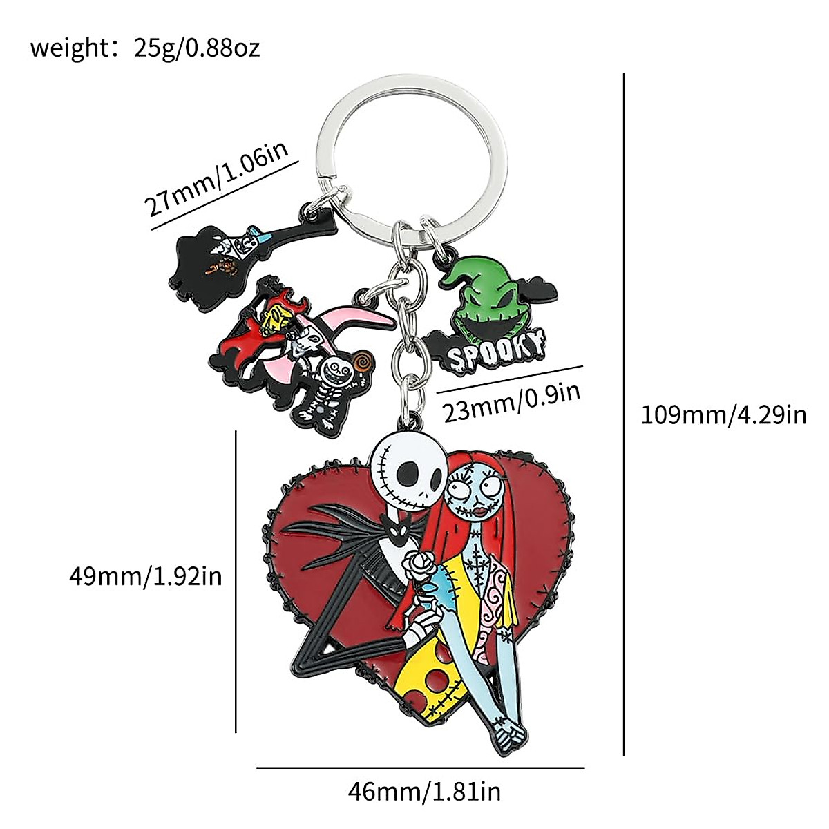 rongji jewelry Jack and Sally Charms Keychain, Horror Movie Nightmare Characters Keychain Scary Halloween Christmas Gift for Men Women Girls (Love heart)