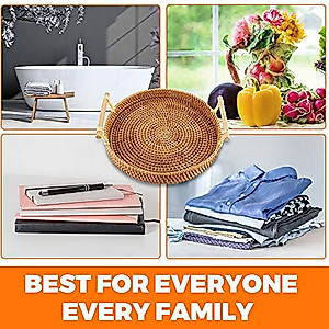 YIWEN Rattan Woven Round Basket, Round Rattan Woven Serving Tray with Handles for Bread Fruit Vegetables, Restaurant Serving & Tabletop Display Baskets (8.7", 1pc)