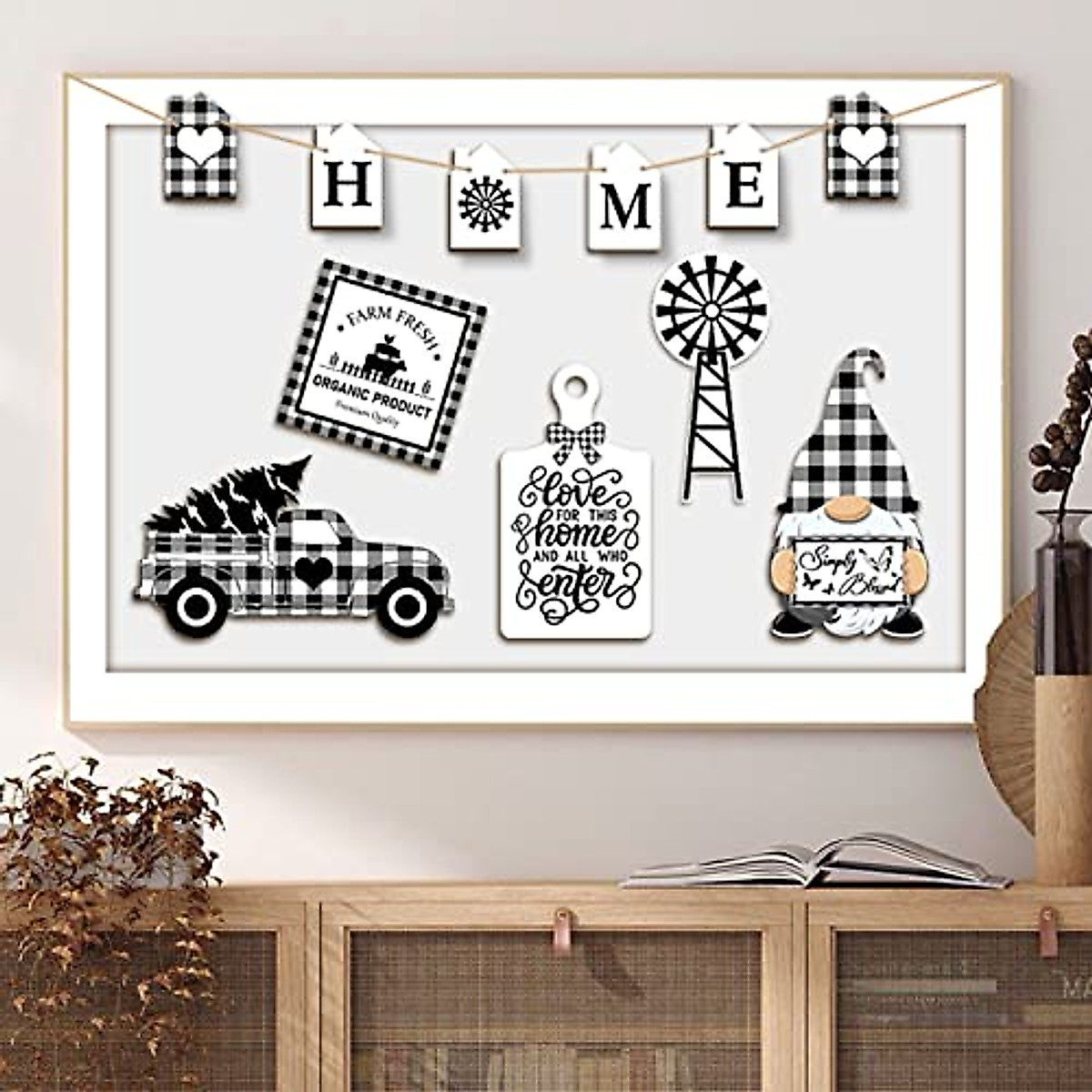 10 Pieces Farmhouse Tiered Tray Decor Farmhouse Home Decor, Rustic Tiered Tray Signs, House Shaped Table Decor, Buffalo Plaid Wooden Farm Fresh Sign for Country Farmhouse Home Kitchen Shelf Decor