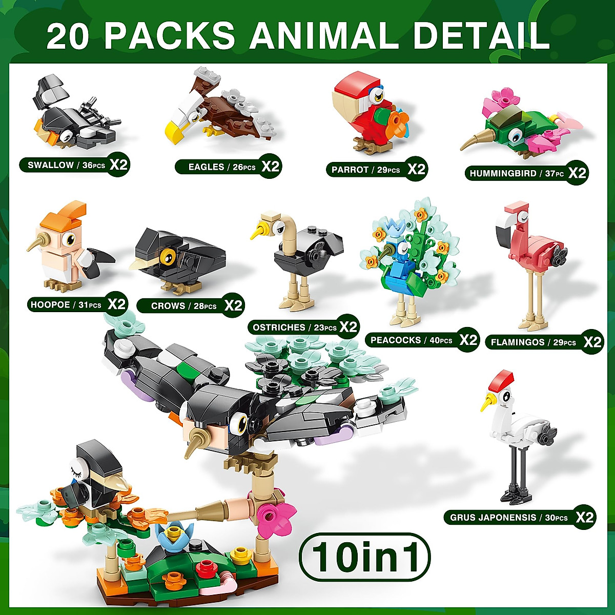 Sawaruita Party Favors for kids-20 Packs Fun Bird Building Blocks Sets Classroom Prizes-Birthday Goodie Bags Stuffers for Kids-Mini Animal Building Blocks Toys for Ages 6+ Boys & Girls Gifts（20in 2）