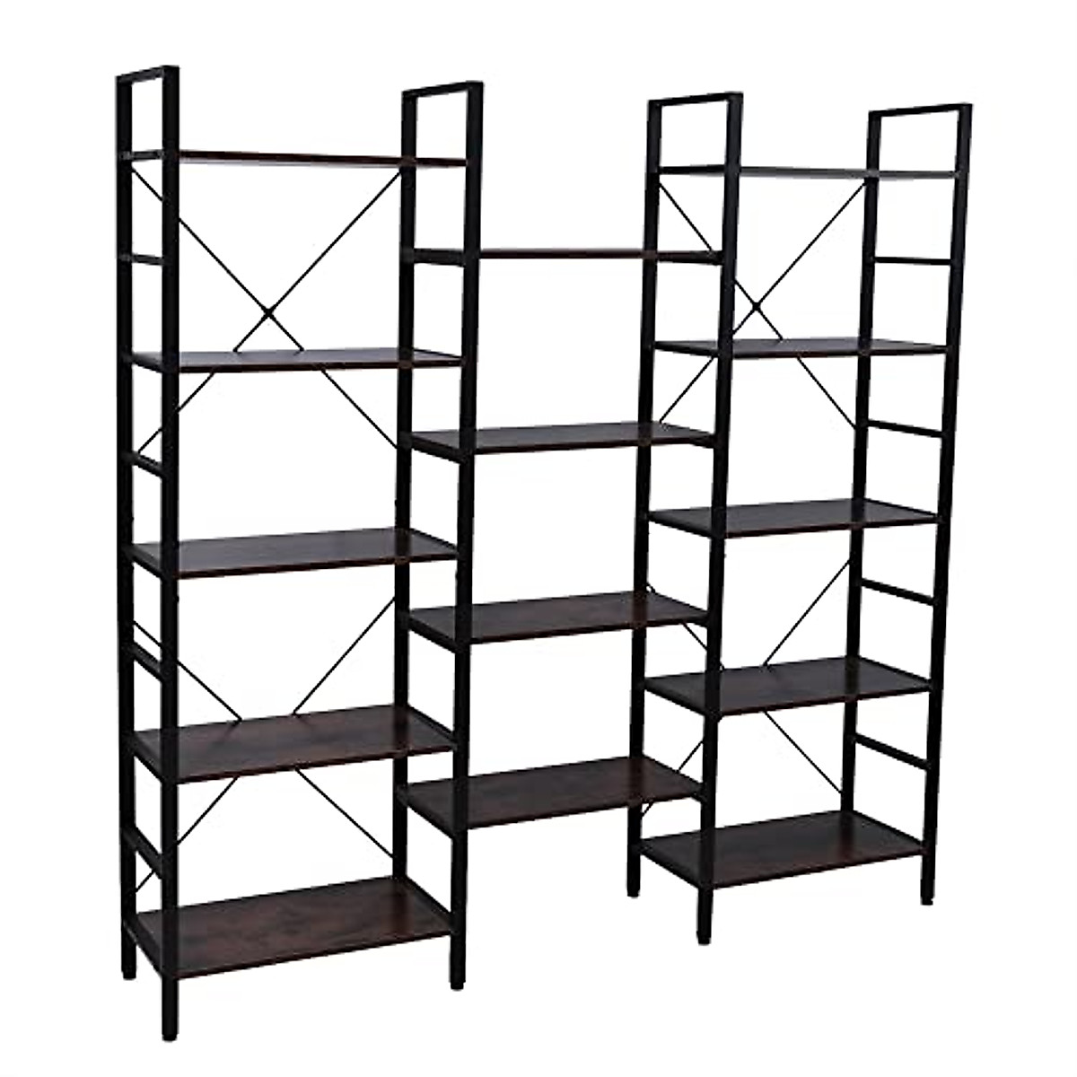 Otomatico Triple Wide 5-Shelf Bookcase, Large Open Bookshelf Vintage Industrial Style Shelves Wood and Metal bookcases Furniture for Home (Retro Brown)