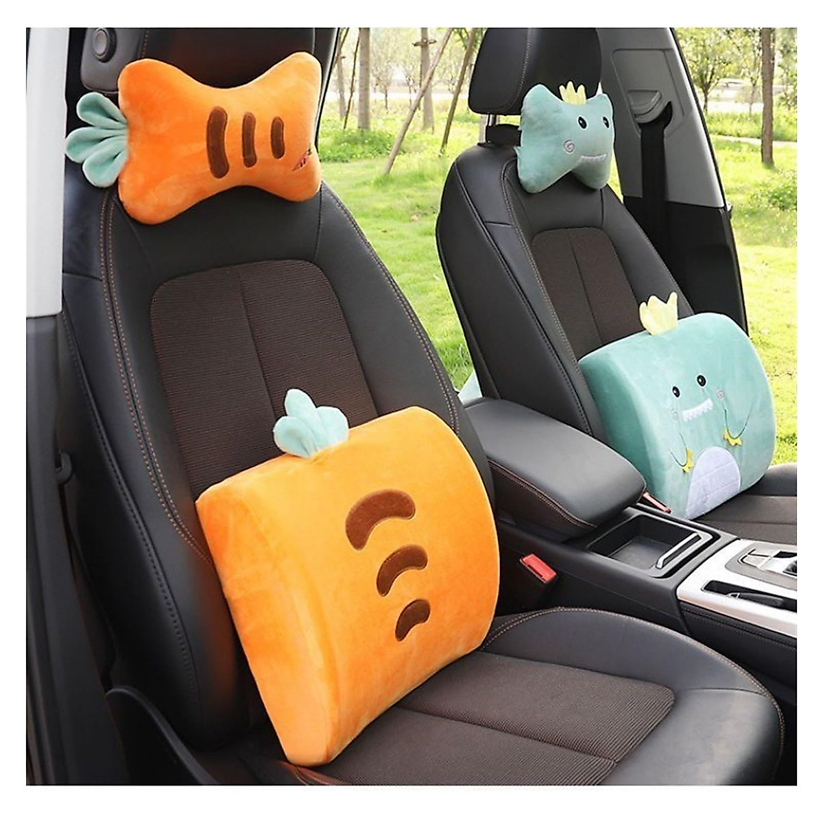 ZICANA Lumbar Pillows Cute Cartoon Car Headrest Back Cushion Soft Embroidered Plush Lumbar Support Back Pillow Car Seat Waist Protection Accessory Pad (Color : Orange-Neck)