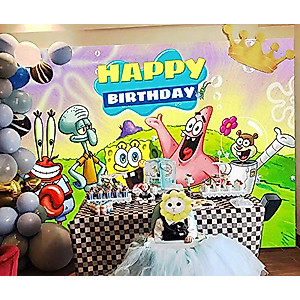 Vinyl Photography Backdrop Cartoon for Children Happy Birthday Party Banner Decoration Photo Booth Studio Props Animation Spongebob Patrick Start Photo Background Baby Shower Cake Table 5x3ft