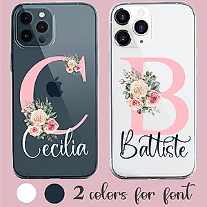 Personalized Name & Flower Initial Customized Phone Case, Custom Transparent Phone Cover Compatible iPhone 15 Pro 14 Plus 13 Pro Max 12 11 XR (Pink)