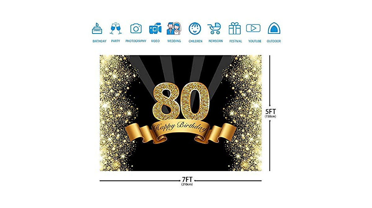 Happy 80th Birthday Gold Glitter Backdrop | 7x5ft Photo Decor