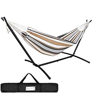 SUPER DEAL Portable Hammock with 9FT Space Saving Steel Stand, Double Brazilian Heavy Duty 620lb Capacity 2-Person Hammock with Carrying Case, 6 Optional Hook Positions for Camping Garden Yard Patio