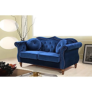 Container Furniture Direct Anna1 Velvet Upholstered Classic Nailhead Chesterfield Living Room, Sofa & Loveseat, Blue Mist