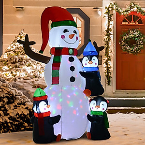 HOMCOM 6' Christmas Inflatables Outdoor Decorations Snowman with Penguins, Blow-Up Yard Christmas Decor with LED Rotating Colorful Light