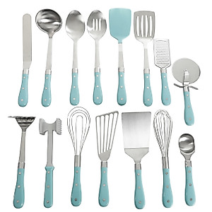 Pioneer Woman Frontier Teal Blue 15 Pc Set Kitchen Tool Stainless Steel Spoon Whisk Spatula Set