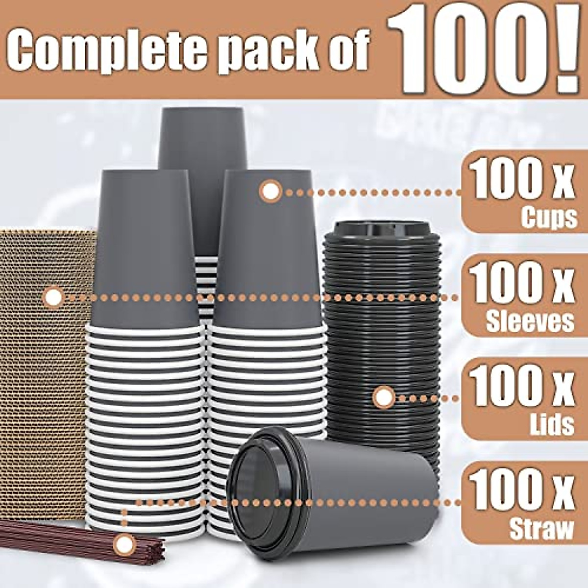 Luckypack Disposable Coffee Cups To Go with Travel Lids Sleeves and Straws 100% Biodegradable & Compostable Pla Eco Friendly Paper Coffee Cups 100 Sets of 12 oz