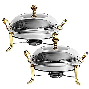 Chafing Dish Set of 2 Pcs Stainless Steel Round Durable Buffet Warmer Tray Durable Frame with Lid and Chafing Fuel Holder for Kitchen Party Dining Buffet-Without Water Pan (2 pack with handle)