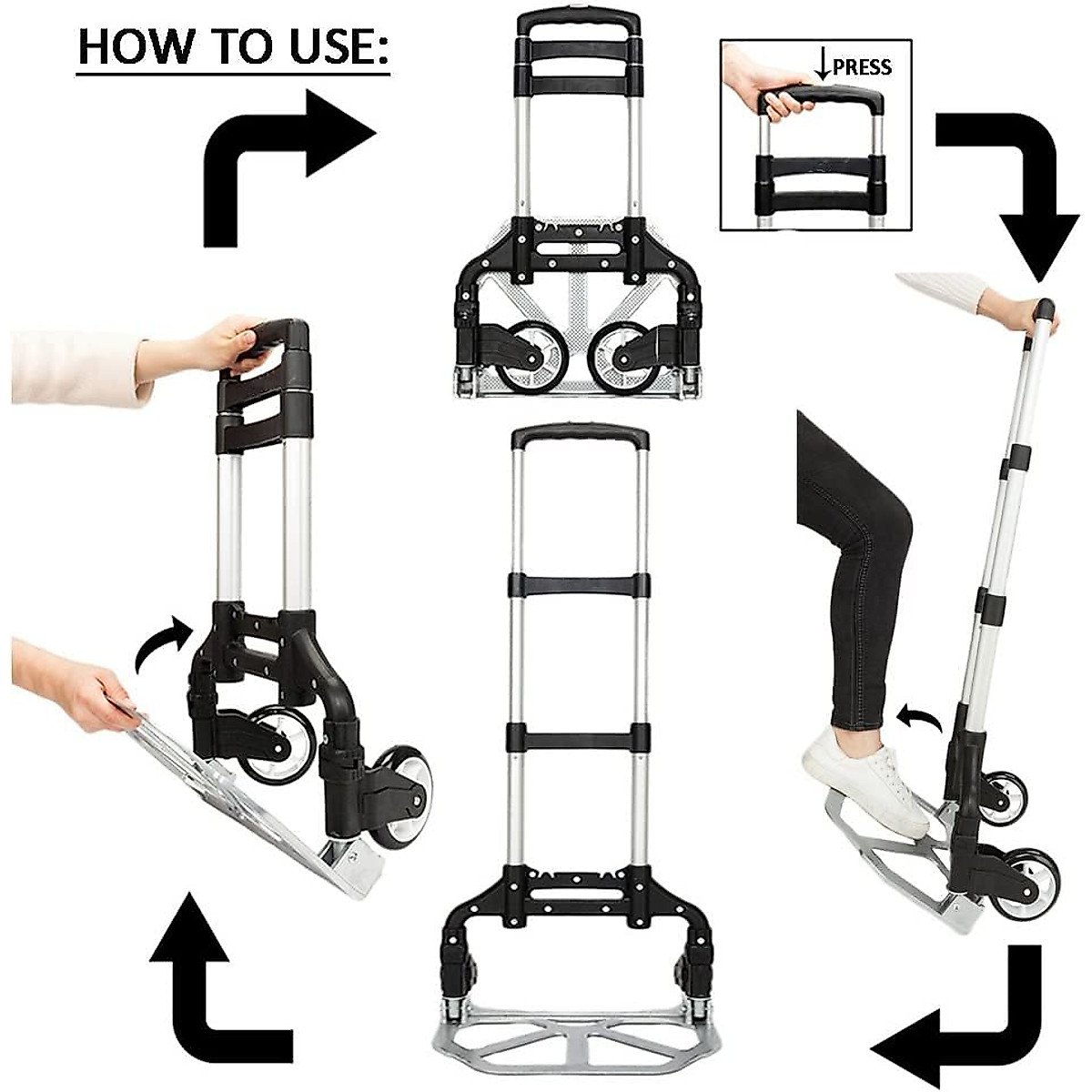 CooTool Folding Hand Truck Aluminum Portable Folding Hand Cart 200lbs Capacity Hand Cart and Dolly Ideal for Home, Auto, Office,Travel Use,Black