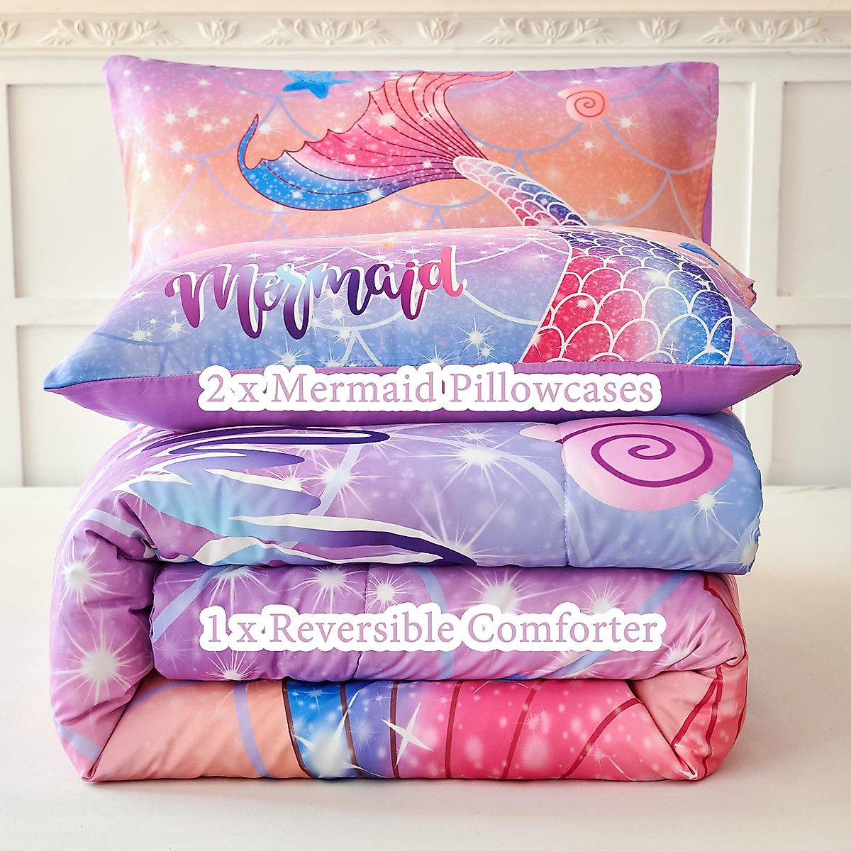 ZRNBAST Twin Size Mermaid Tail Comforter Set for Girls 3 Pcs Purple Orange Blue Bedding Set for Kids Soft Lightweight Gradient Glitter Bed Set for All Season(Twin, Orange)