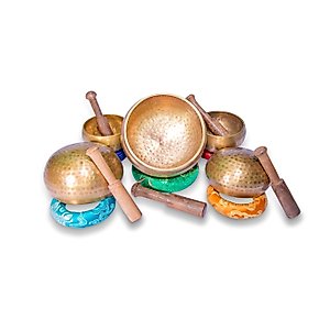 Tibetan Singing Bowl Set of 5, Authentic 7 metals Meditation Sound Bowl for Yoga, Chakra healing, Deep Relaxation, Stress Relief and Mindfulness, Handmade in Nepal, comes w/ silk cushions and 5 sticks