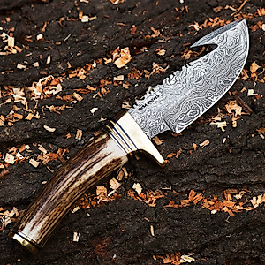 SUSA KNIVES Damascus Steel Gut Hook Hunting Knife Fixed Blade STAG Horn Handle EDC Survival Knife for Men - Fixed Blade