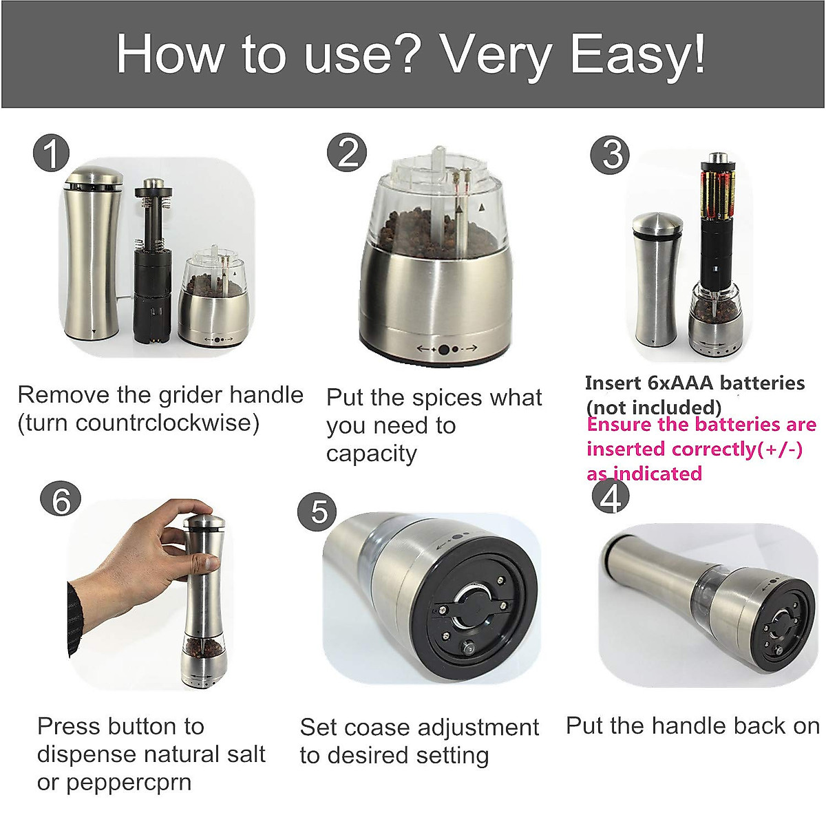 HQGSJ Electric Salt and Pepper Grinder,Battery Operated with LED Light,Stainless Steel Automatic Mill,Adjustable Ceramic Coarseness Salt grinder and pepper Mill （ONE PACK）