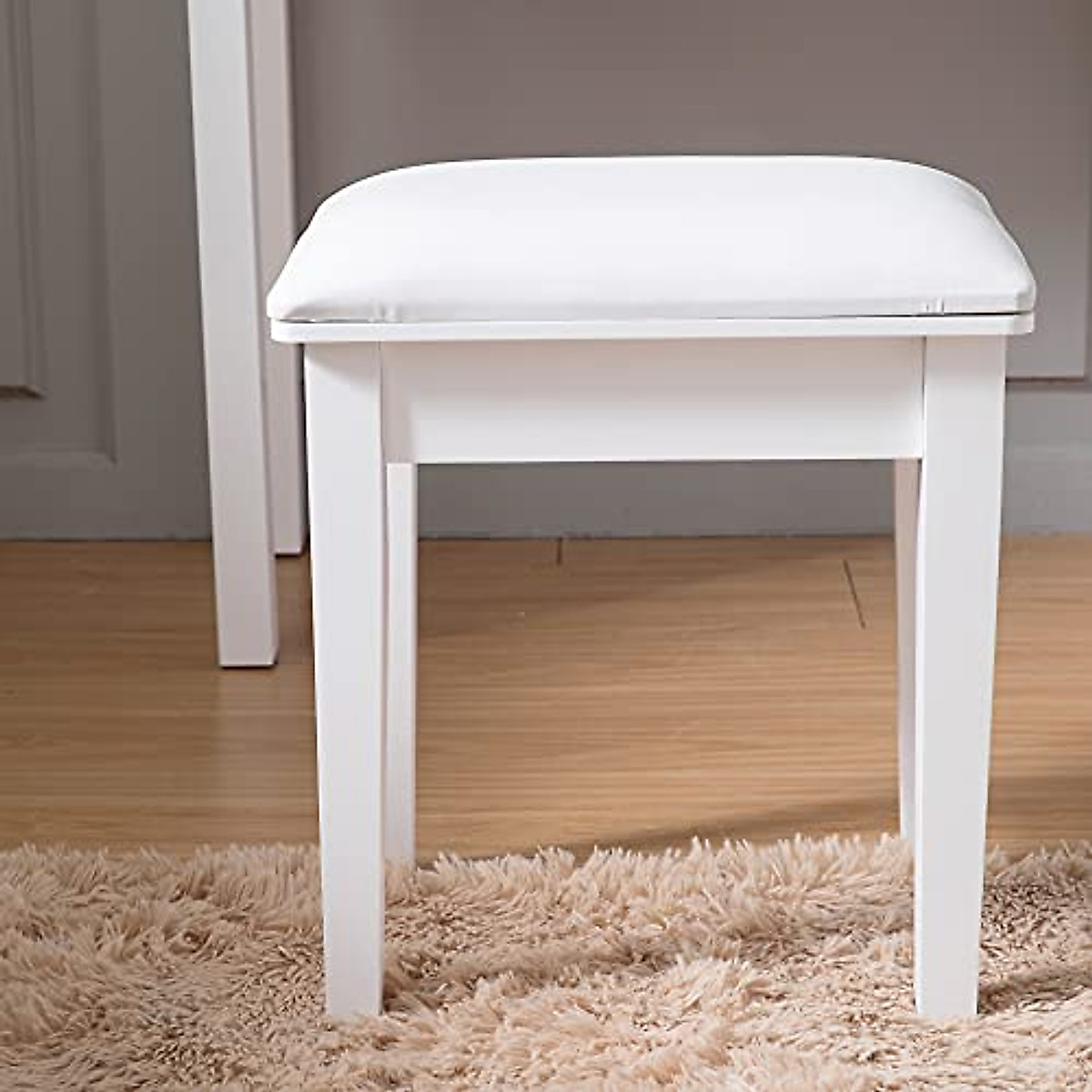 Organizedlife Vanity Stool Wood Dressing PU Padded Chair Makeup Piano Seat Make Up Bench for Dressing Solid Wood Legs,White