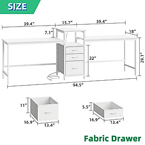 GYIIYUO 94.5'' Two Person Desk with Charging Station, Long Desk with 3 Drawers and Printer Shelf, Double Computer Desk, Fabric Drawers, 2 Person Writing Study Table Workstation for Home Office, White