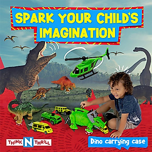 Think N Thrill Dinosaur Toys Storage Carrier for Kids Includes 6 Mini Dinosaurs 3 Toy Cars & Helicopter - #1 Best Fun Playset for Boys & Girls - Great for Children Ages 3+ Years Old (Dinosaur)