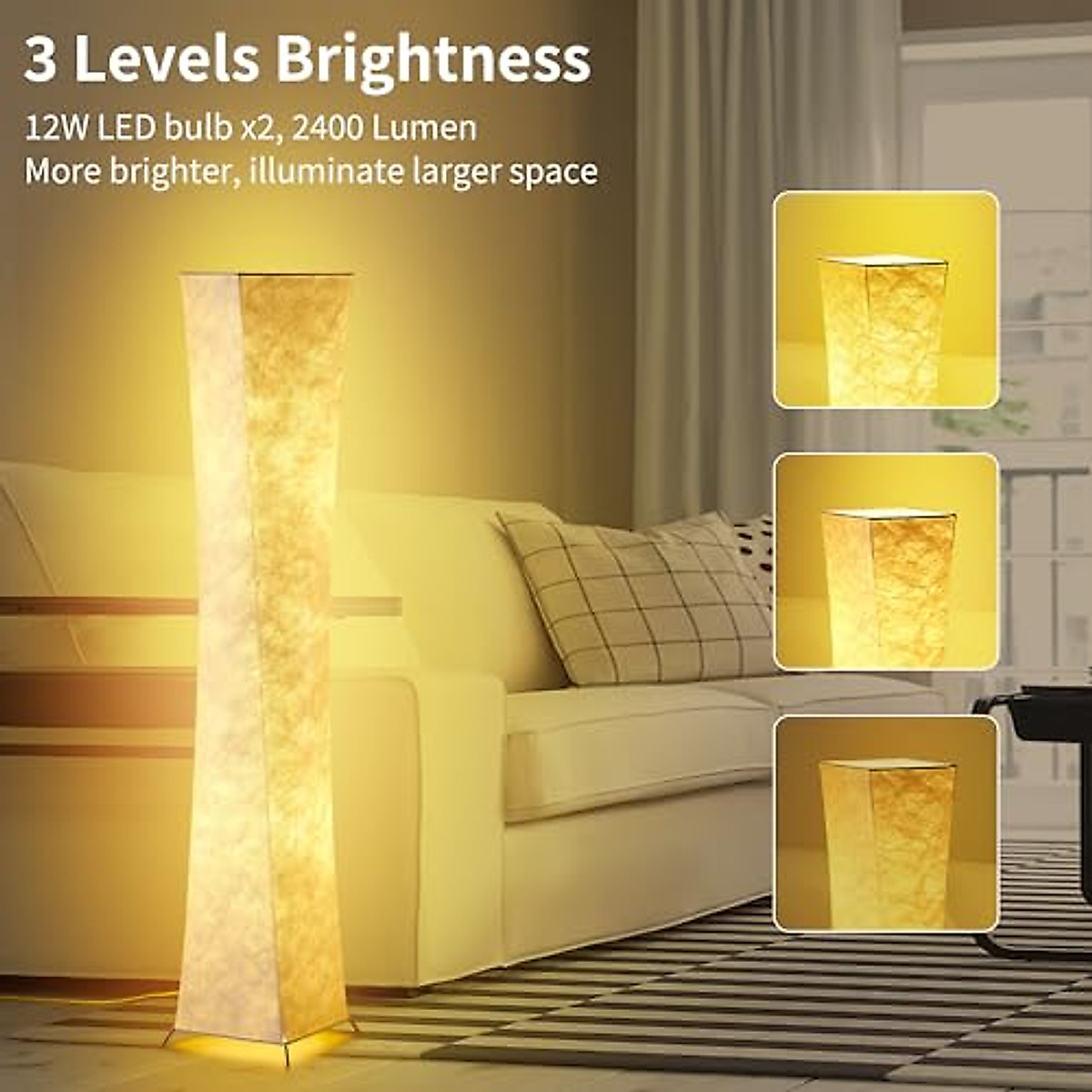 chiphy Floor Lamp, Dimmable 61" Tall Standing Lamp, 3 Levels Adjustable Brightness 12Wx2 LED Bulbs, Column Floor Light w/White Fabric Shade, Home Decor for Living Room, Bedroom, Kids Room