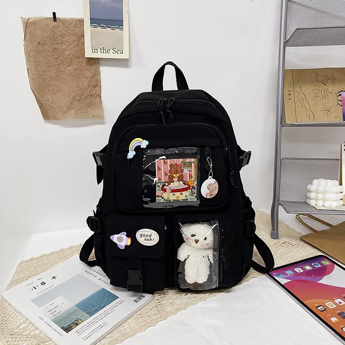 Kawaii Backpack, with Kawaii Pin and Cute Accessories Backpack Cute Aesthetic Backpack for School Capacity Rucksack(02-Black)