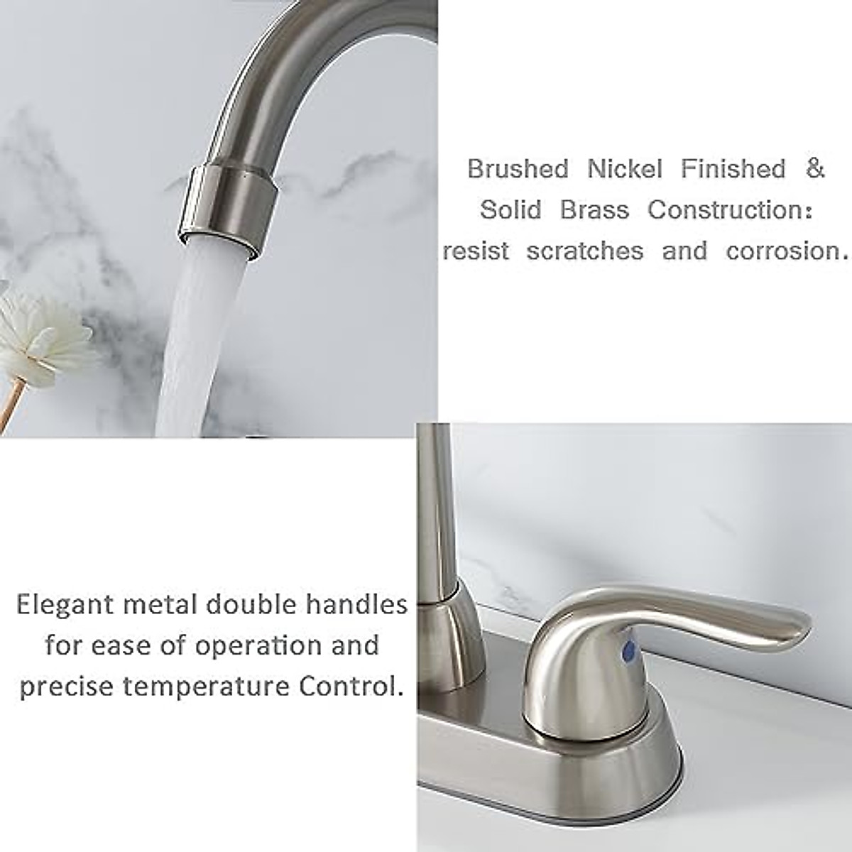 VCCUCINE Bathroom Faucet Brushed Nickel, Bathroom Faucets for Sink 3 Hole, 4 Inch Centerset 2 Handle Bathroom Sink Faucet, 360° Swivel Spout Bath Rv Lavatory Vanity Faucet