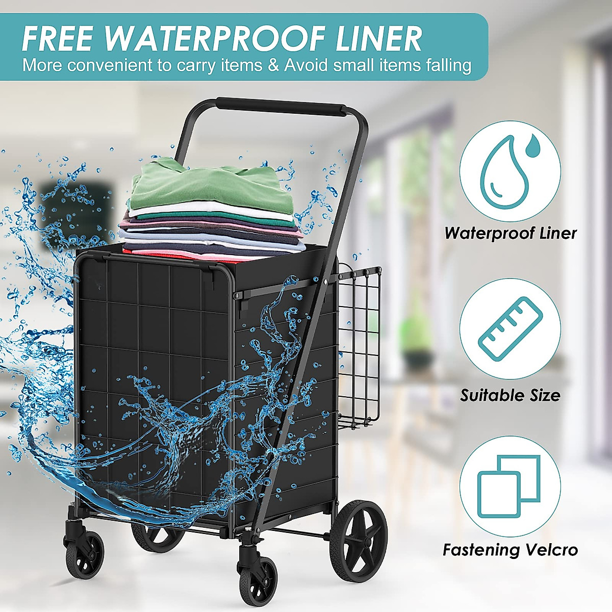 Shopping Cart for Groceries,Jumbo Upgraded Grocery Cart with Waterproof Liner, 360° Rolling Swivel Wheels and Double Basket, Heavy Duty Folding Shopping Cart for Shopping Laundry-Hold Up to 340 LBS