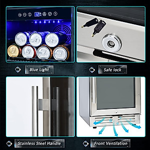 LUMISOL Mini Beverage Refrigerator and Cooler, 15" Cooler Under Counter Built-in or Freestanding, 120 Cans Capacity Wine Cabinet with Blue Interior Light Adjustable Shelves, for Home Bar office