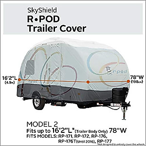 Classic Accessories RV SkyShield™ R-Pod Cover, 16'2"L x 78"W, Model 2, Durable, Tear-Resistant, Teardrop, Travel Trailer Storage Cover, Compatible with R-Pod Trailers, Black/Grey/Snow White
