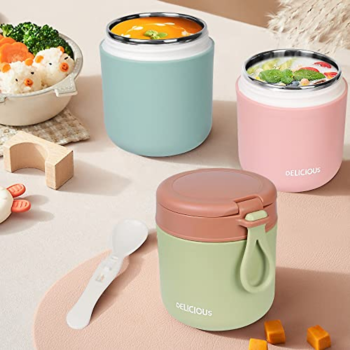 Insulated Food Container for Kids Adult - 15.2 Oz, Stainless Steel Vacuum Insulated Kids Food Jar with Folding Spoon, Leak Proof, Vacuum Insulated Thermo, Portable Food Bowl, Blue