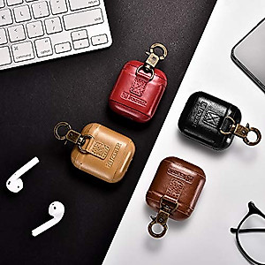 AirPods Leather Case, ICARER Genuine Leather AirPod case with Keychain and Led Light for Apple AirPods 2 Case & Airpods 1, Support Wireless Charging (Brown)