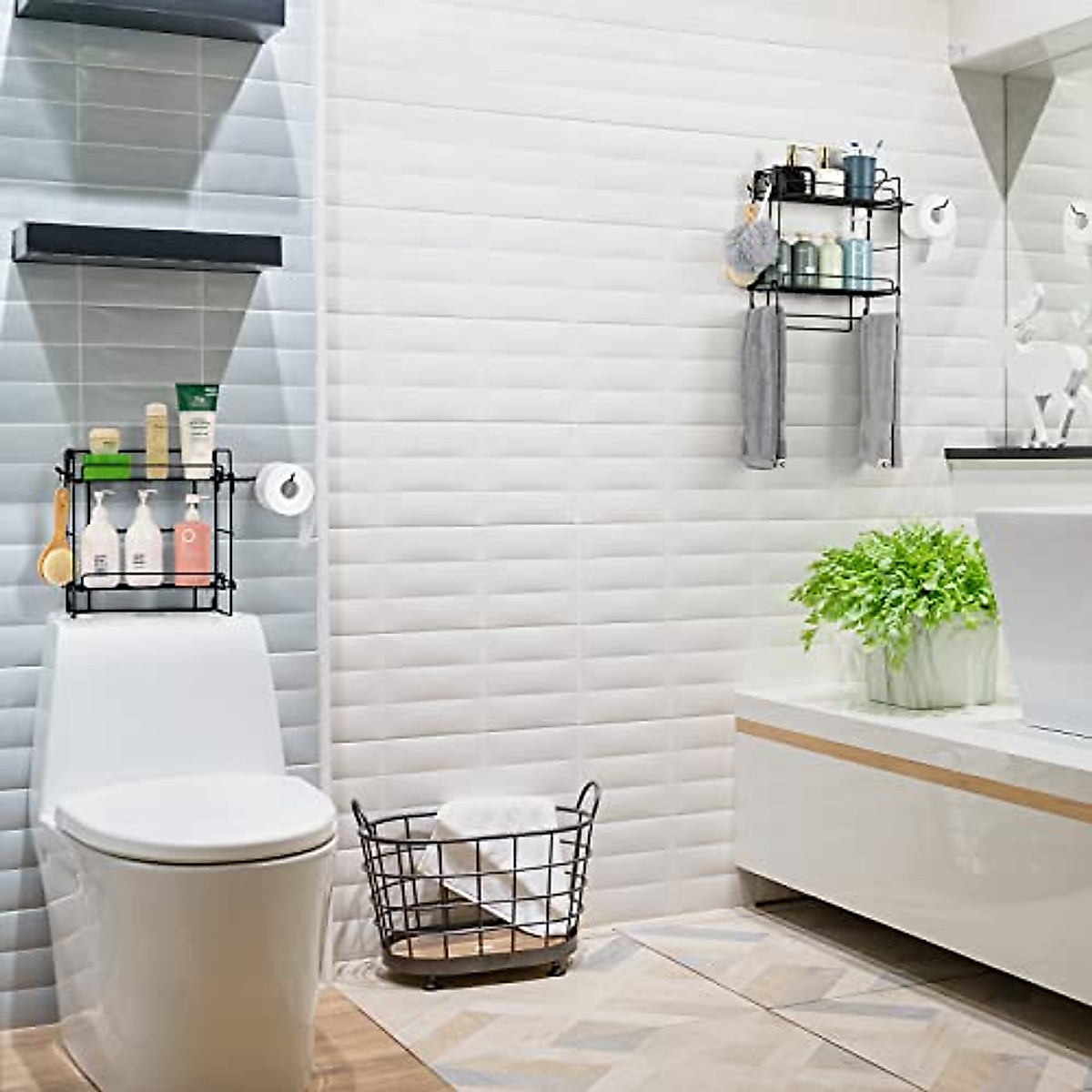 Vrisa 2 Pack Over The Toilet Storage Shelf 2-Tier Bathroom Organizer Over Toilet Multifunctional Toilet Rack with Hook and Paper Holder No Drilling Space Saver with Wall Mounted Design(Black)