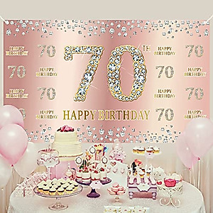 Happy 70th Birthday Banner Decorations for Women, Pink Rose Gold 70 Birthday Backdrop Sign Party Supplies, Large 70 Year Old Birthday Photo Booth Props Background for Outdoor Indoor