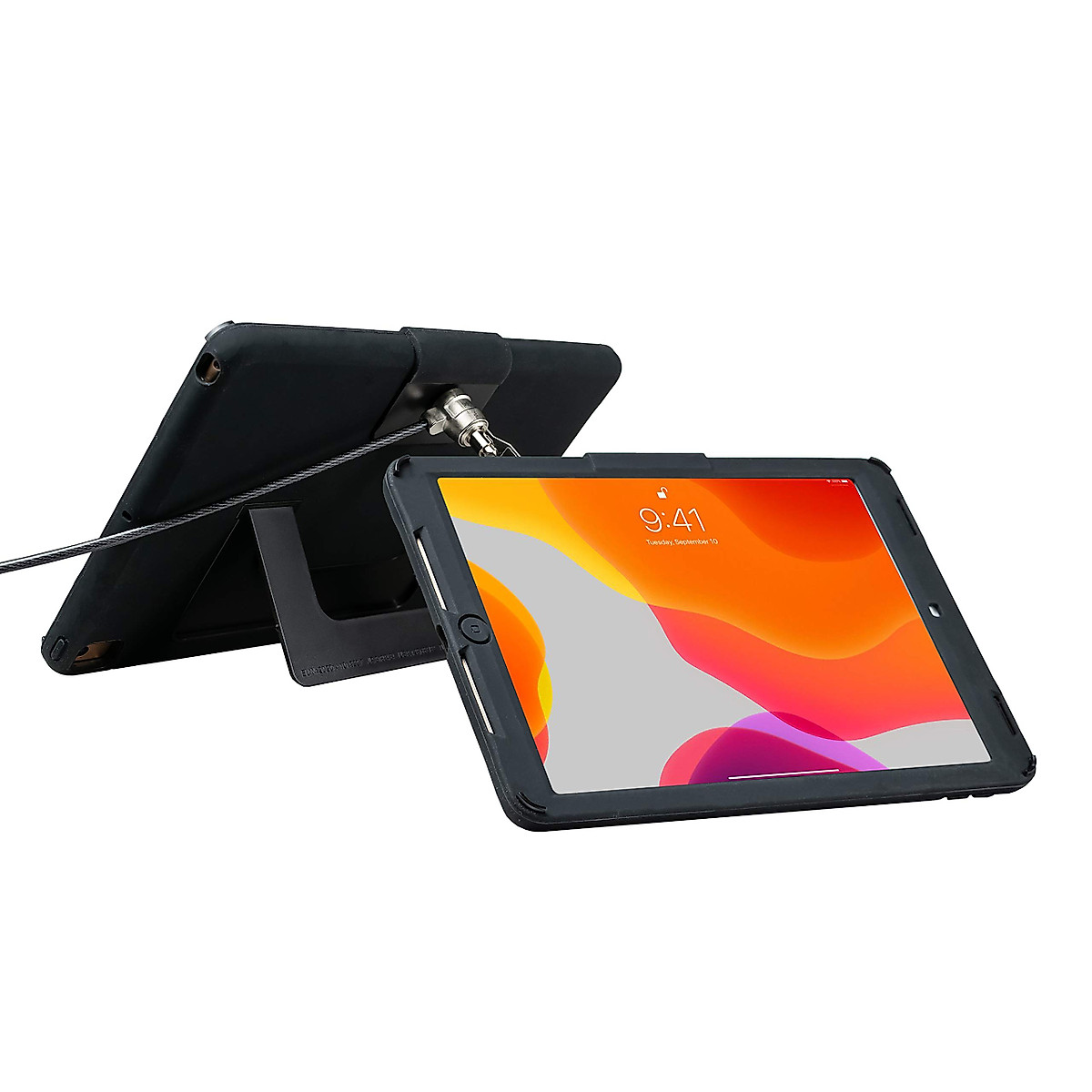 Security Tablet Case – CTA’s Security Case with Kickstand - Rugged Silicone Jacket and Anti-Theft Galvanized Steel Cable for iPad 7th/8th/9th Gen 10.2” - Black (PAD-SCKT10)