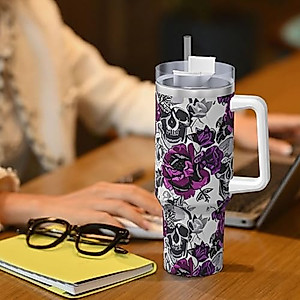 ZHSGNMHH Floral Skull 40oz Tumbler With Handle And Straw Stainless Steel Hot/Cold Travel Coffee Cup With Lid