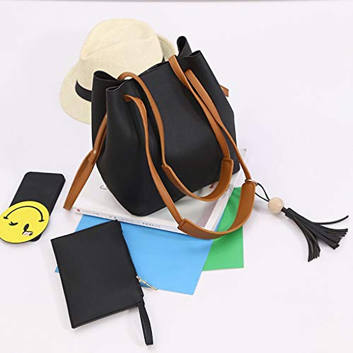 2pcs Set Women Purse Handbags Tassel Shoulder Bag Tote Satchel Hobo Bag School Shopping Work Bag for Ladies (Black)