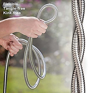 FANGFARM 304 Stainless Steel Metal Garden Hose with Brass Fittings, Shut Off Valve, Water Stop, Heavy Duty Water Hose, Kink Free and Flexible, Crush Resistant, Puncture Resistant(3FT)